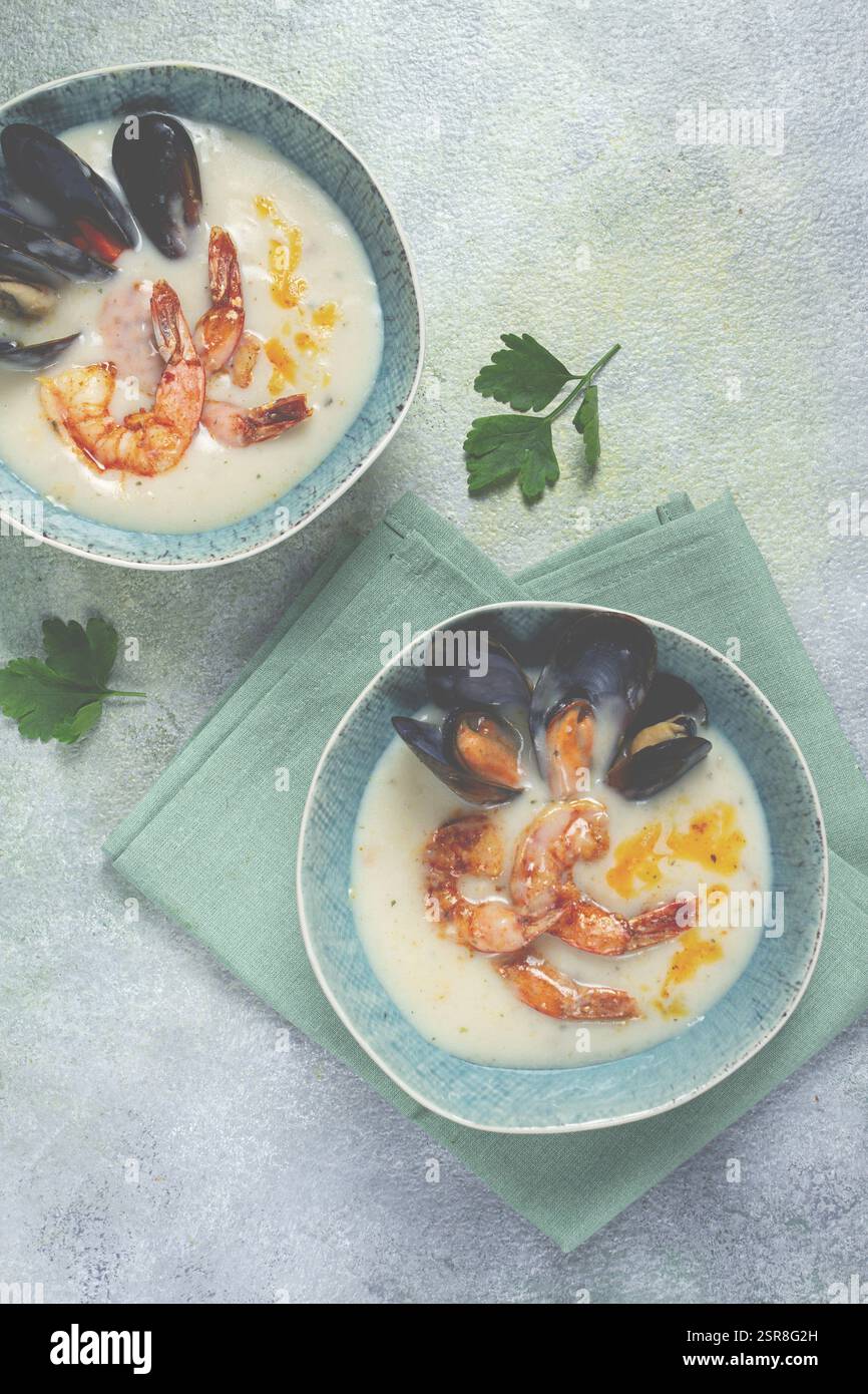 Cream soup, chowder with mussels and shrimp, American cuisine, homemade ...