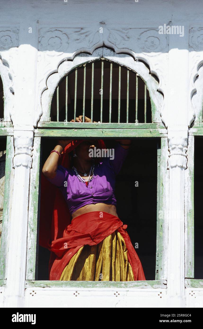 Rajasthani lady standing at window, Ajmer, Rajasthan, India, Asia Stock ...