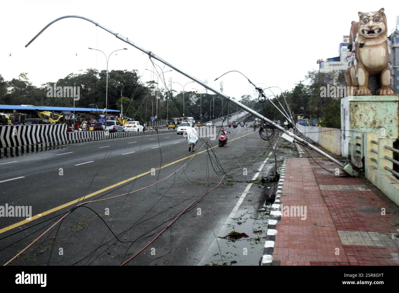 Street lamp post that came in the path of Cyclone Vardah, lie uprooted ...