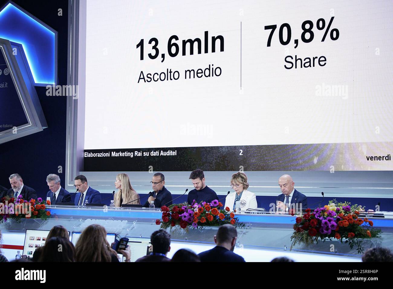 Alessia Marcuzzi, Carlo Conti, Alessandro Cattelan attend the press ...