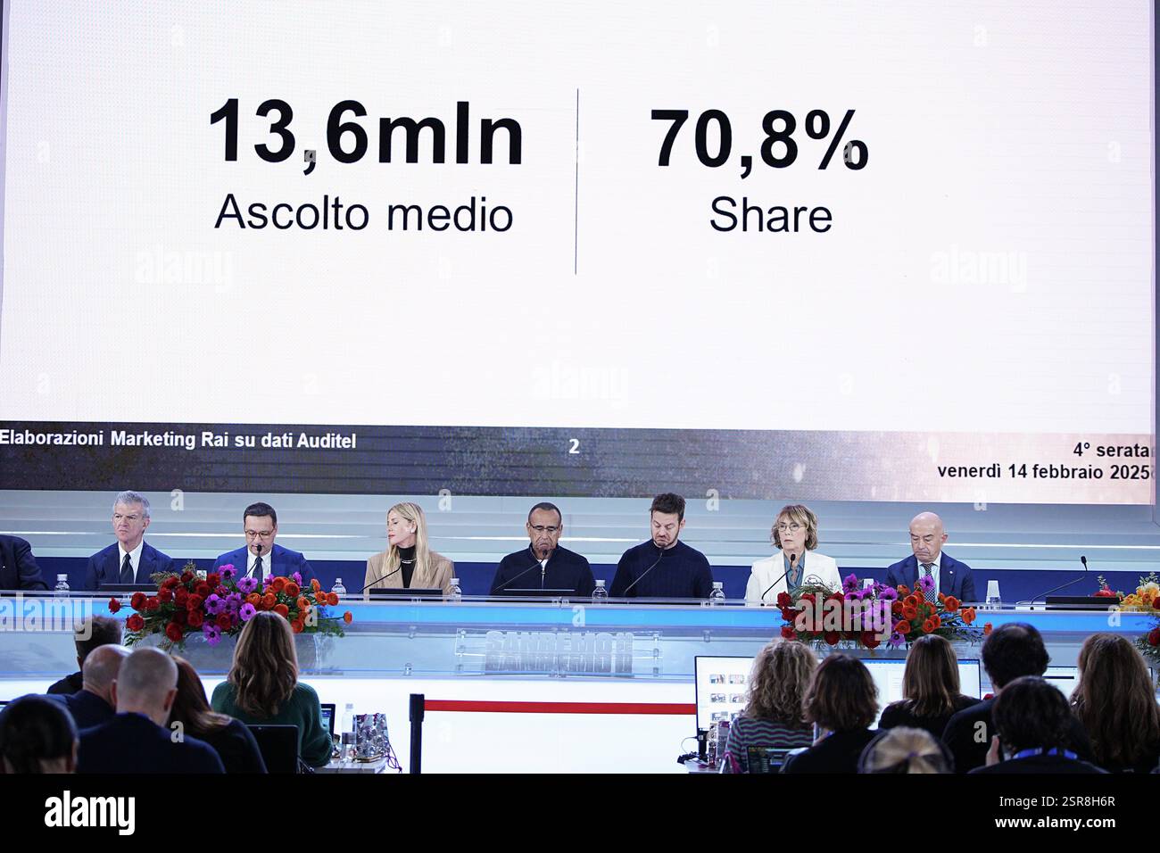 Alessia Marcuzzi, Carlo Conti, Alessandro Cattelan attend the press ...