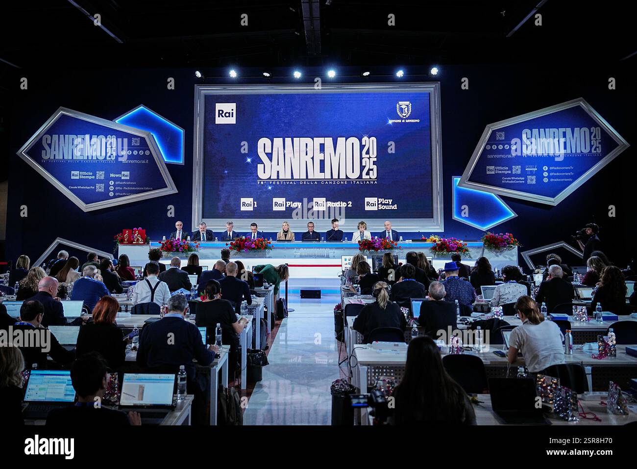 Alessia Marcuzzi, Carlo Conti, Alessandro Cattelan attend the press ...