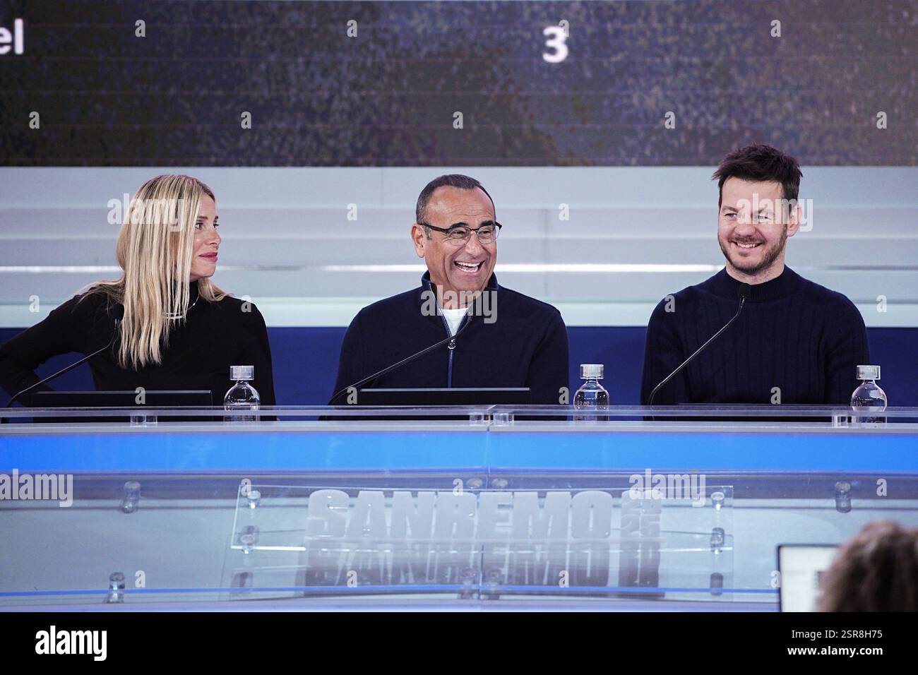 Alessia Marcuzzi, Carlo Conti, Alessandro Cattelan attend the press ...