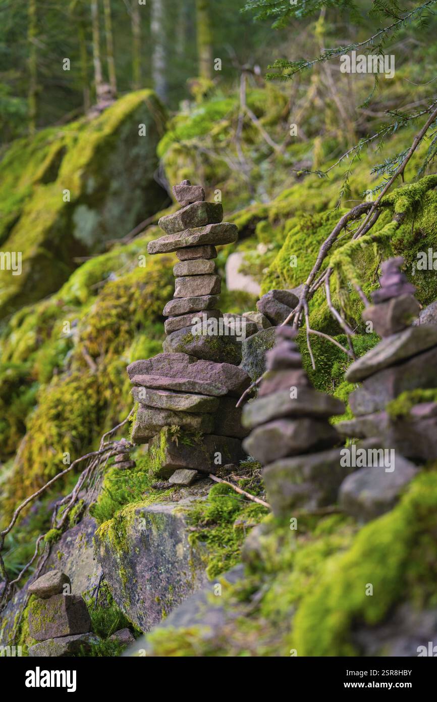 Moss-covered stone towers in a forest that radiate balance and ...