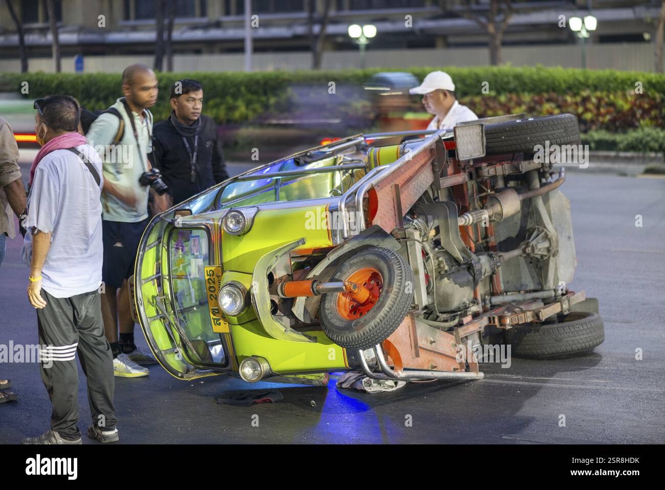 Overturned tuk-tuk, accident, road traffic accident, Bangkok, Thailand ...