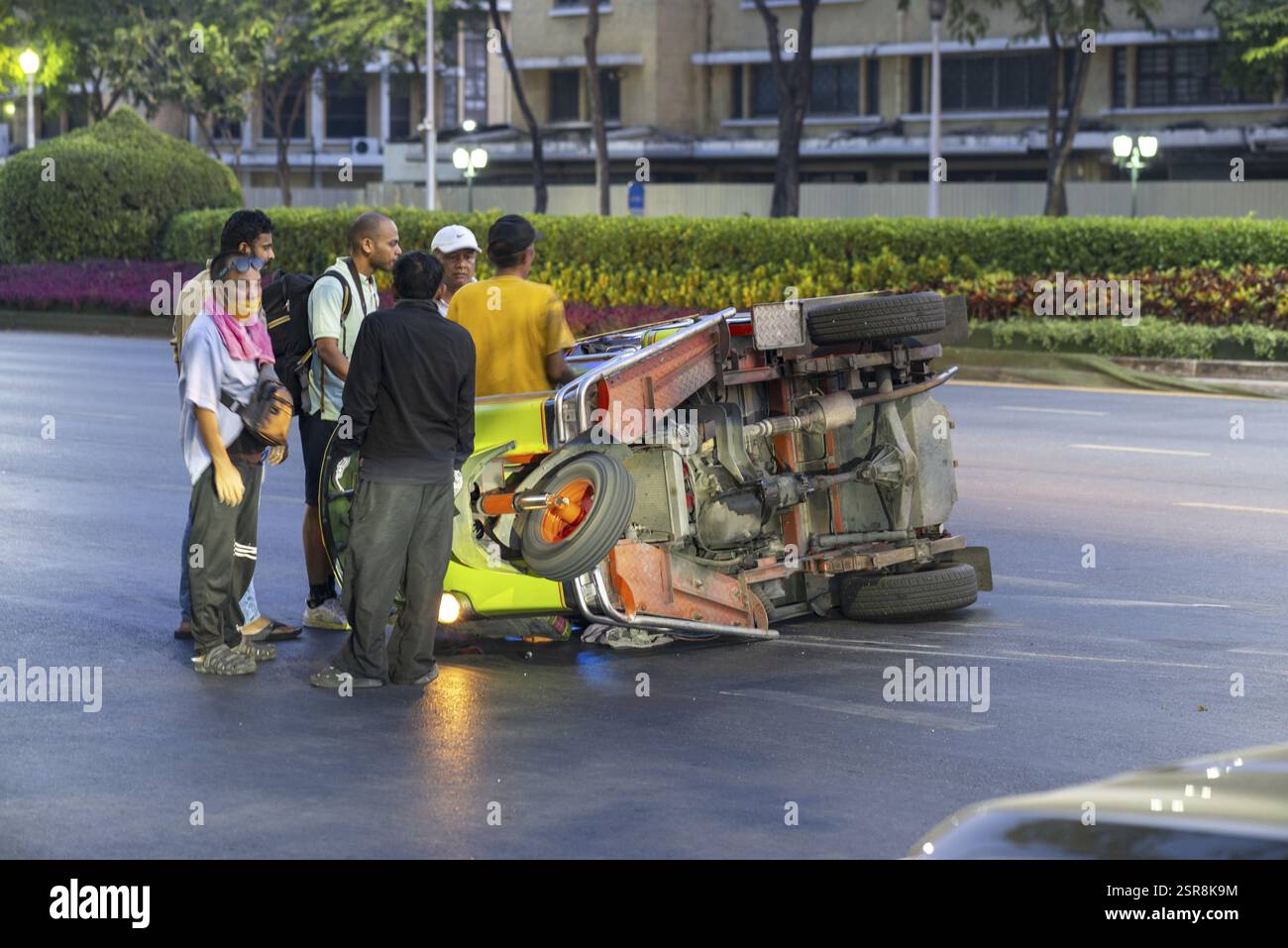 Overturned tuk-tuk, accident, road traffic accident, Bangkok, Thailand ...