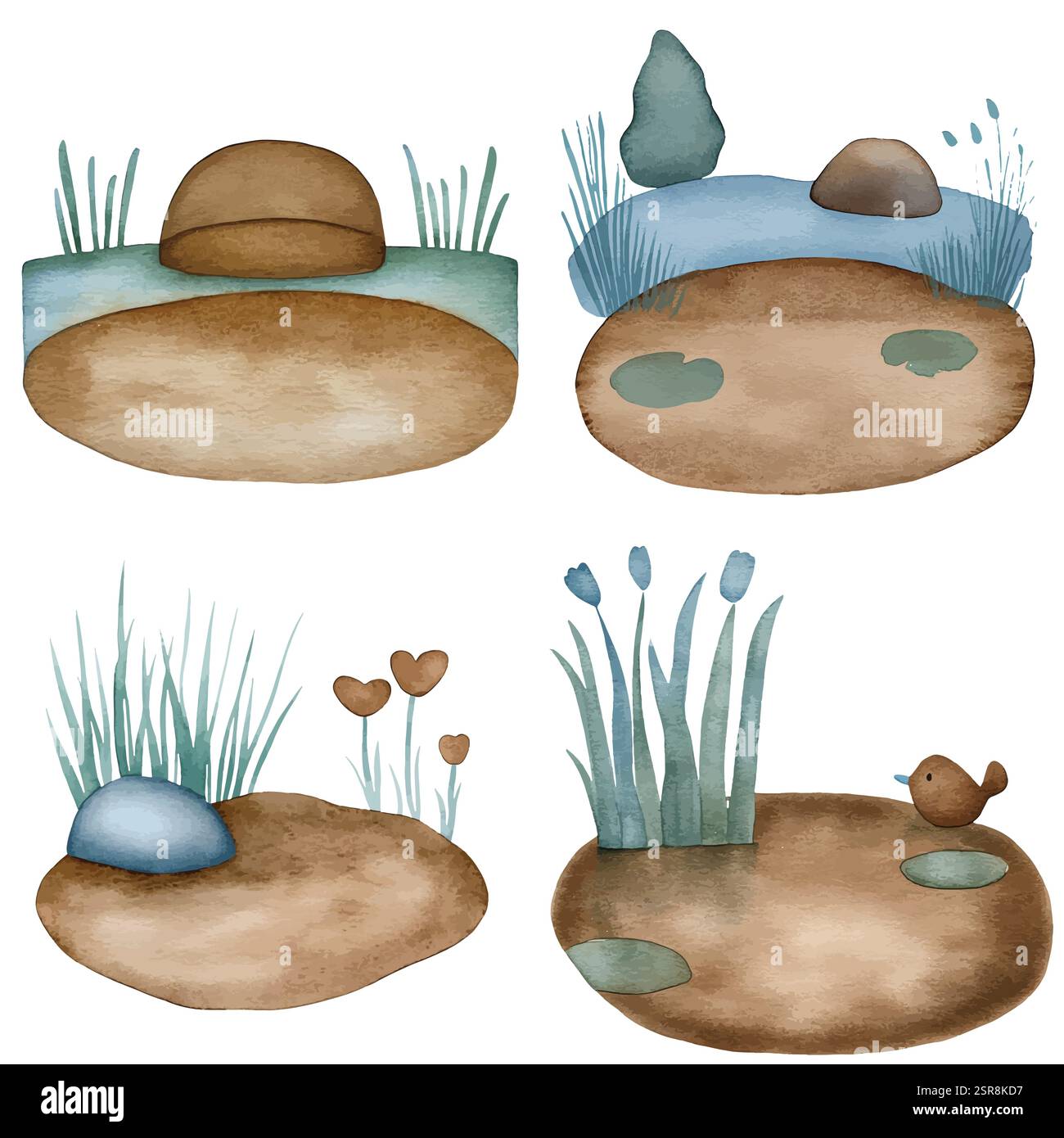 A handdrawn watercolor illustration of Pond Watercolor Hand-Drawn Set ...