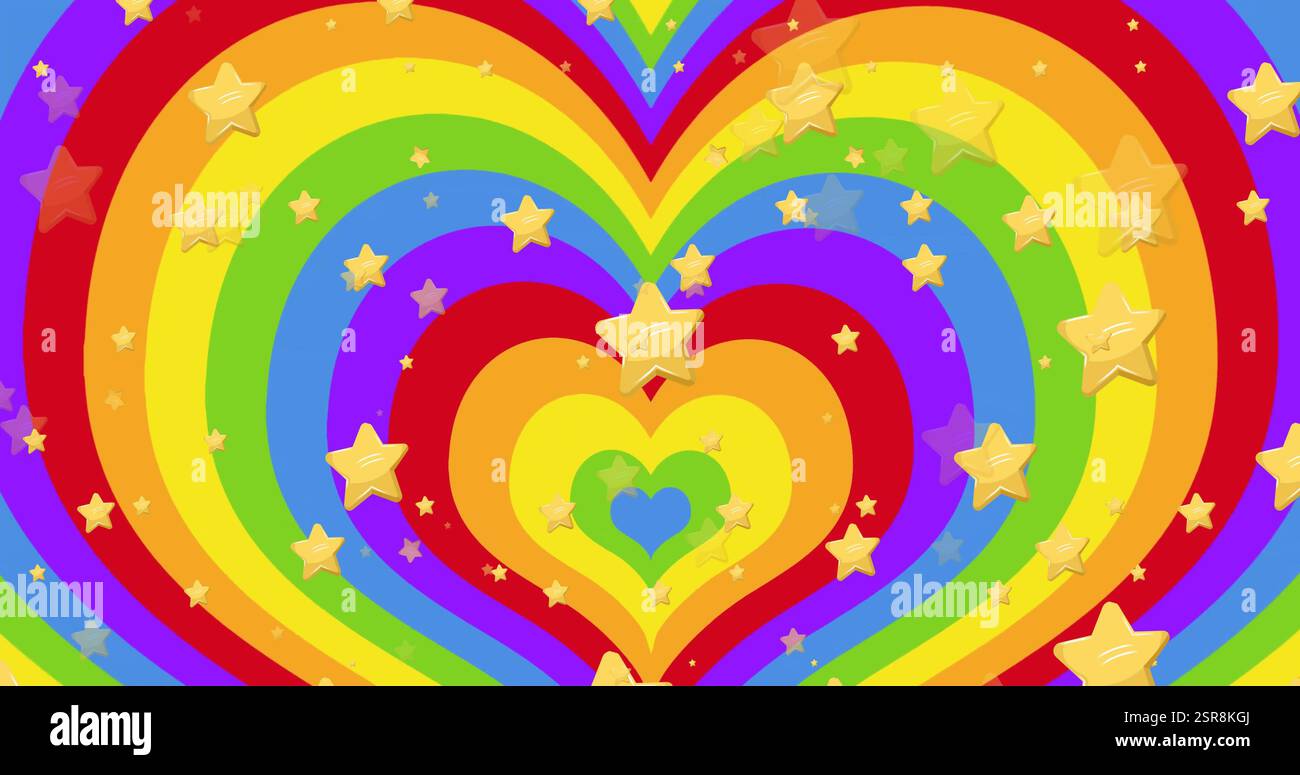 Image of floating stars and balloons over pride text on rainbow heart ...
