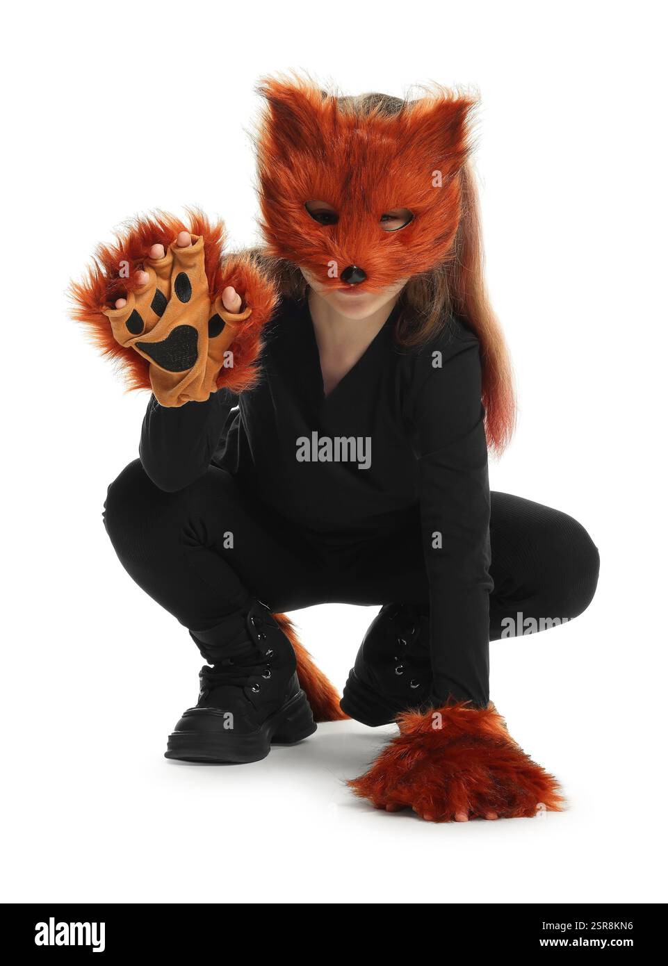 Quadrobics. Girl wearing fox mask, tail and gloves on white background ...