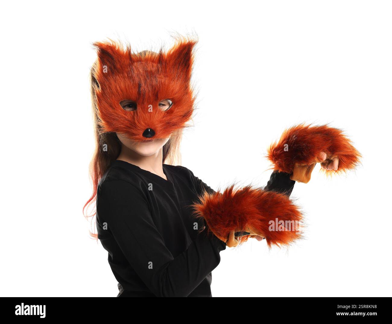 Quadrobics. Girl wearing fox mask and gloves on white background Stock ...
