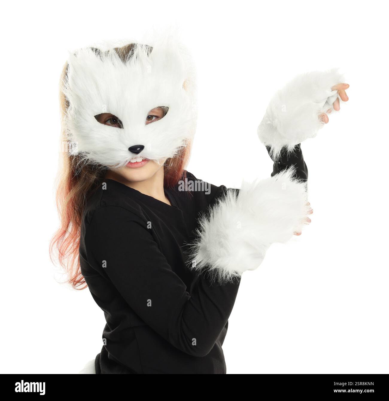 Quadrobics. Girl wearing cat mask and gloves on white background Stock ...