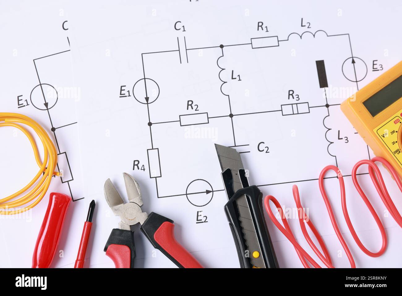Different electrical tools on circuit diagrams, flat lay Stock Photo ...