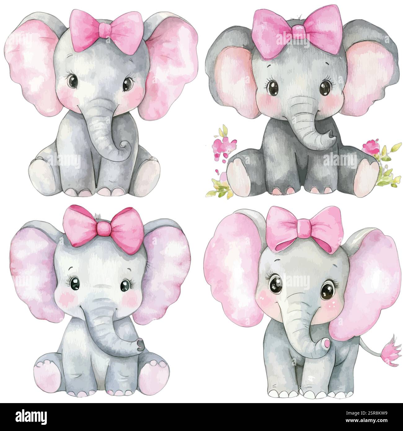 A handdrawn watercolor illustration of Baby elephant with bow hand ...