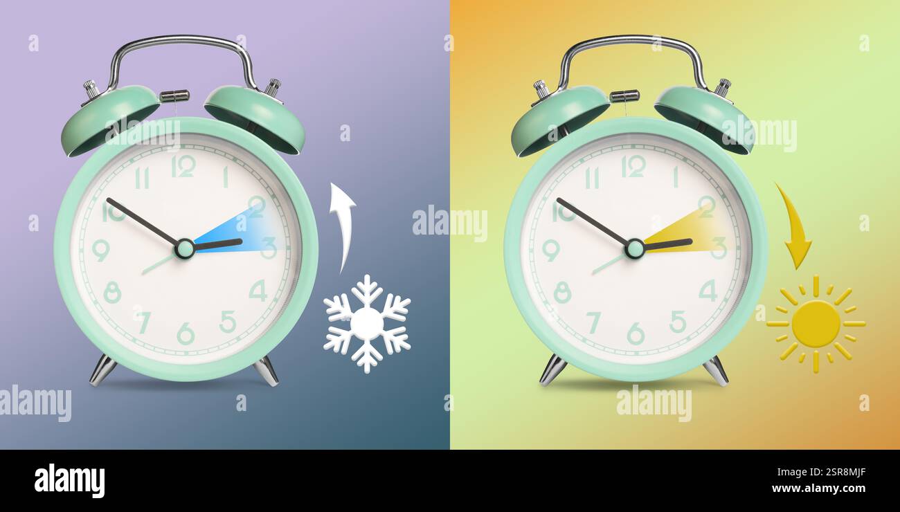 Daylight saving time. Turquoise alarm clocks on color background ...