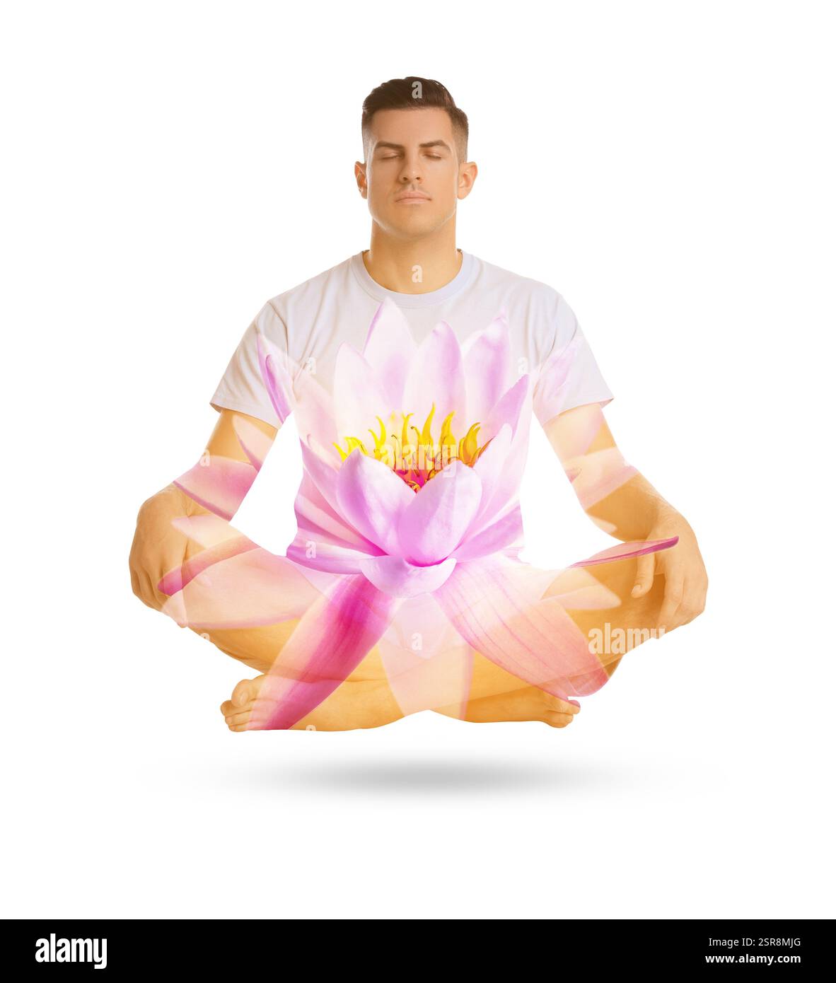 Man meditating, double exposure with beautiful lotus flower on white ...