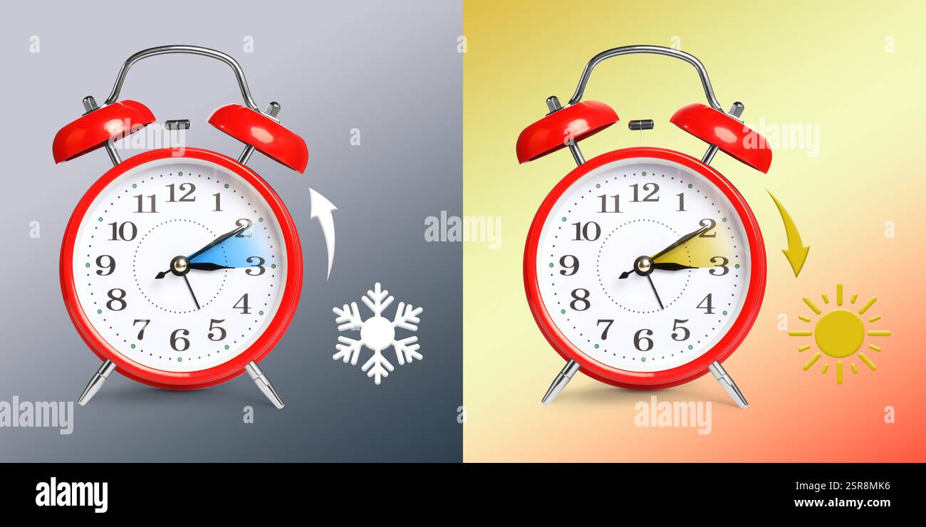 Daylight saving time. Red alarm clocks on color background, collage ...