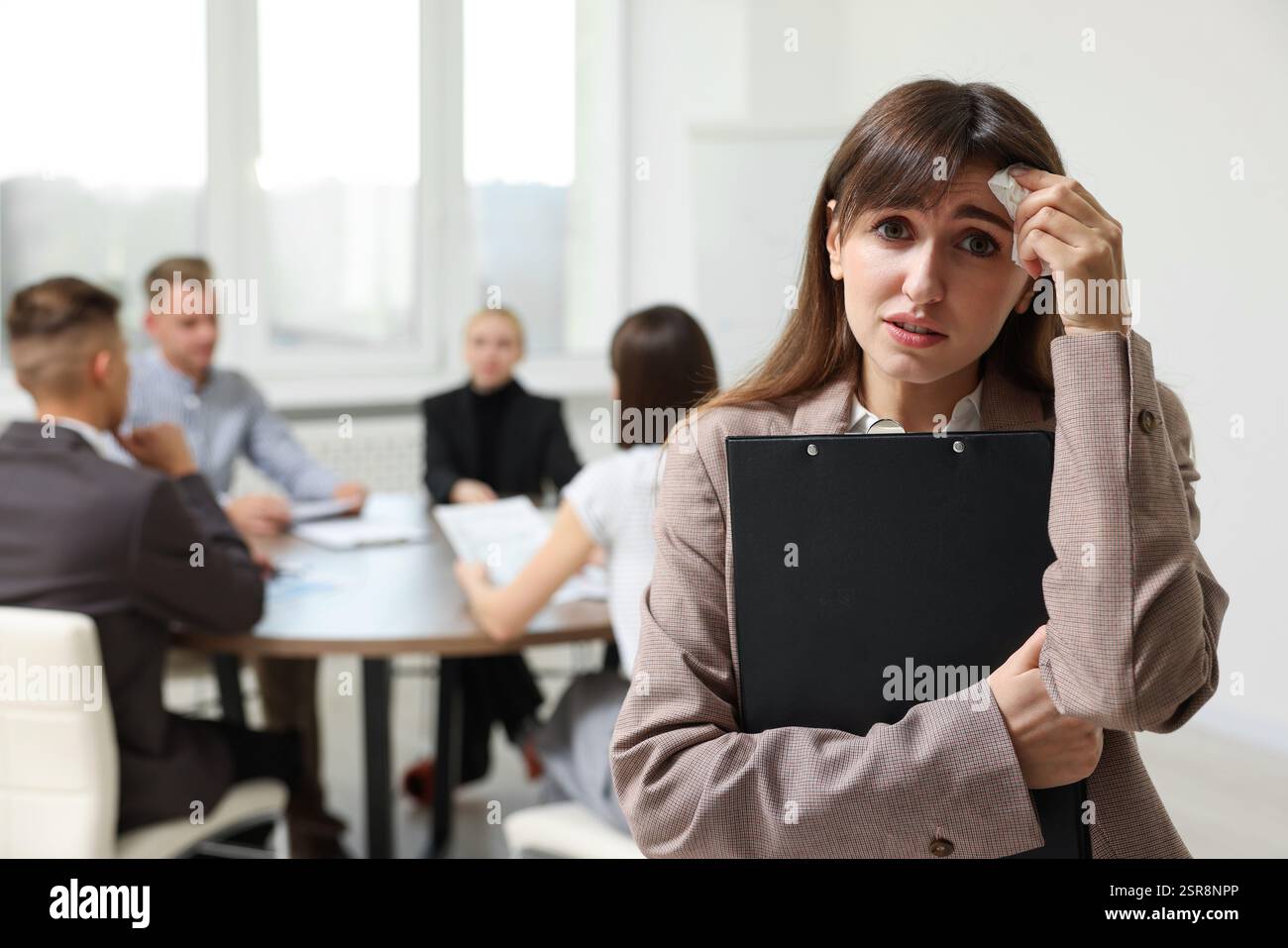 Glossophobia. Woman with paper tissue and clipboard feeling embarrassed ...