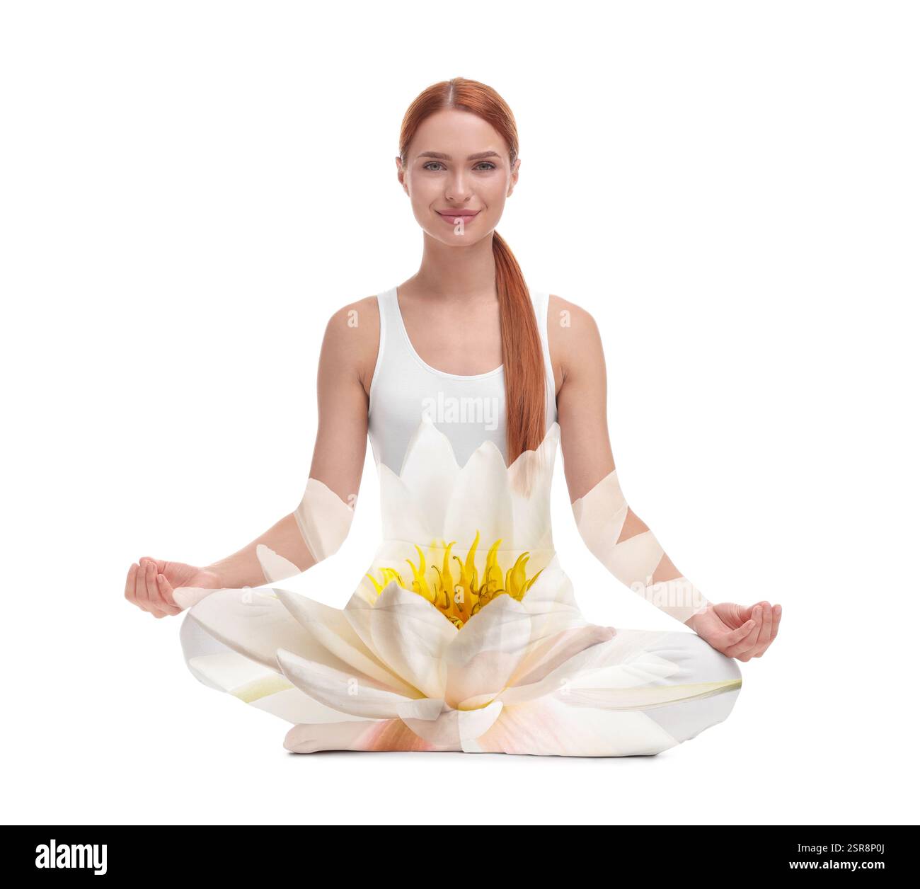 Woman practicing yoga, double exposure with beautiful lotus flower on ...