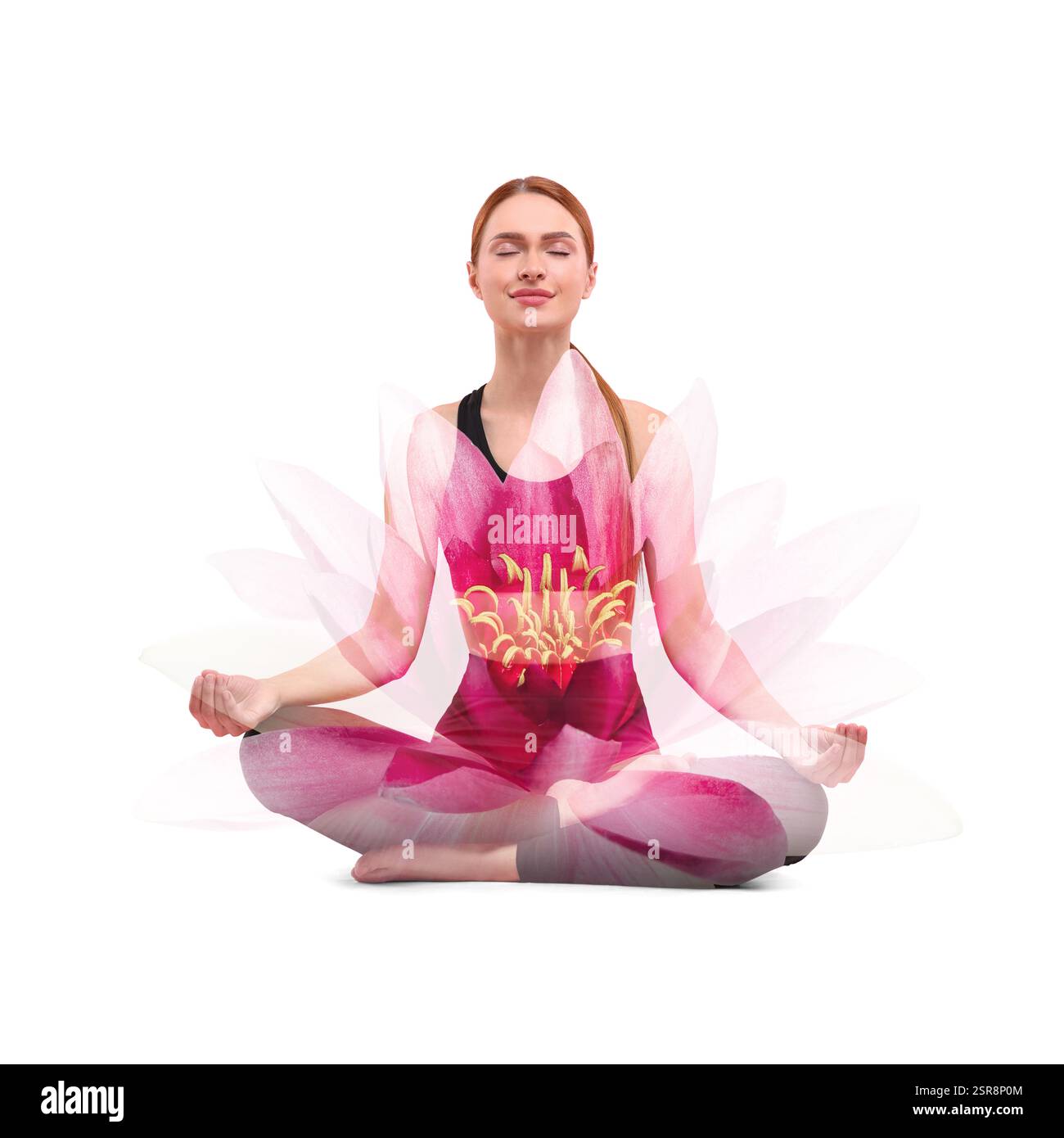 Woman meditating, double exposure with beautiful lotus flower on white ...