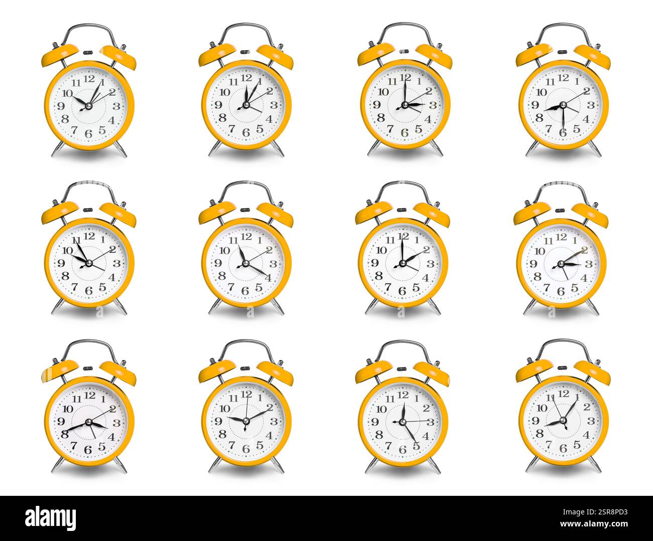 Yellow alarm clock showing different time isolated on white, collage ...