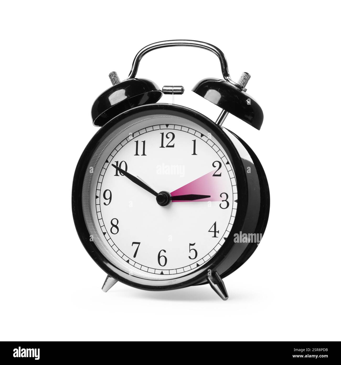 Daylight saving time. Black alarm clock on white background ...