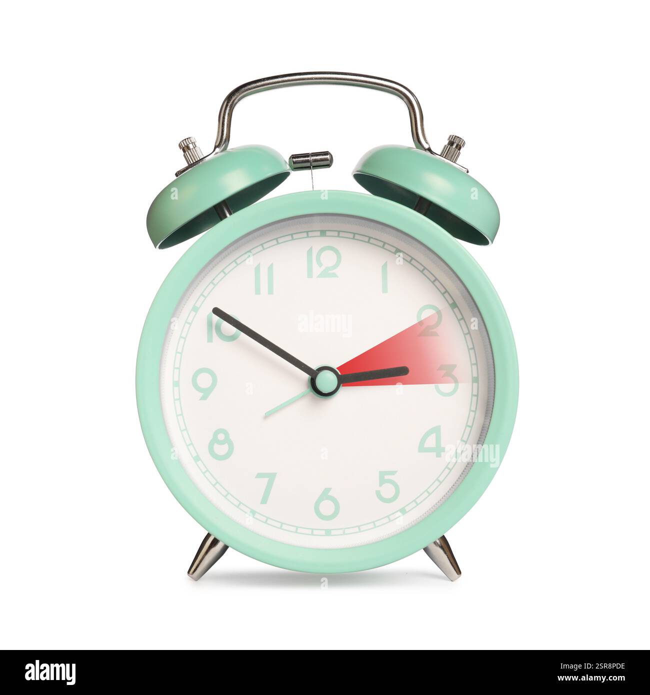 Daylight saving time. Turquoise alarm clock on white background ...