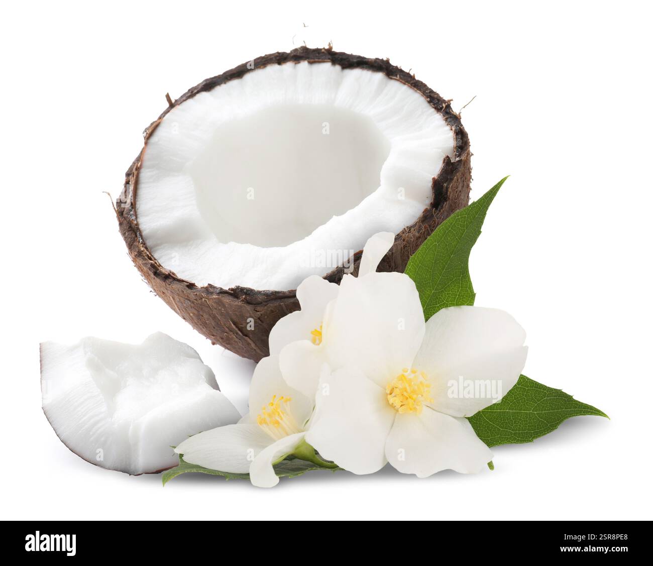 Coconut and jasmine flowers with green leaves isolated on white Stock ...