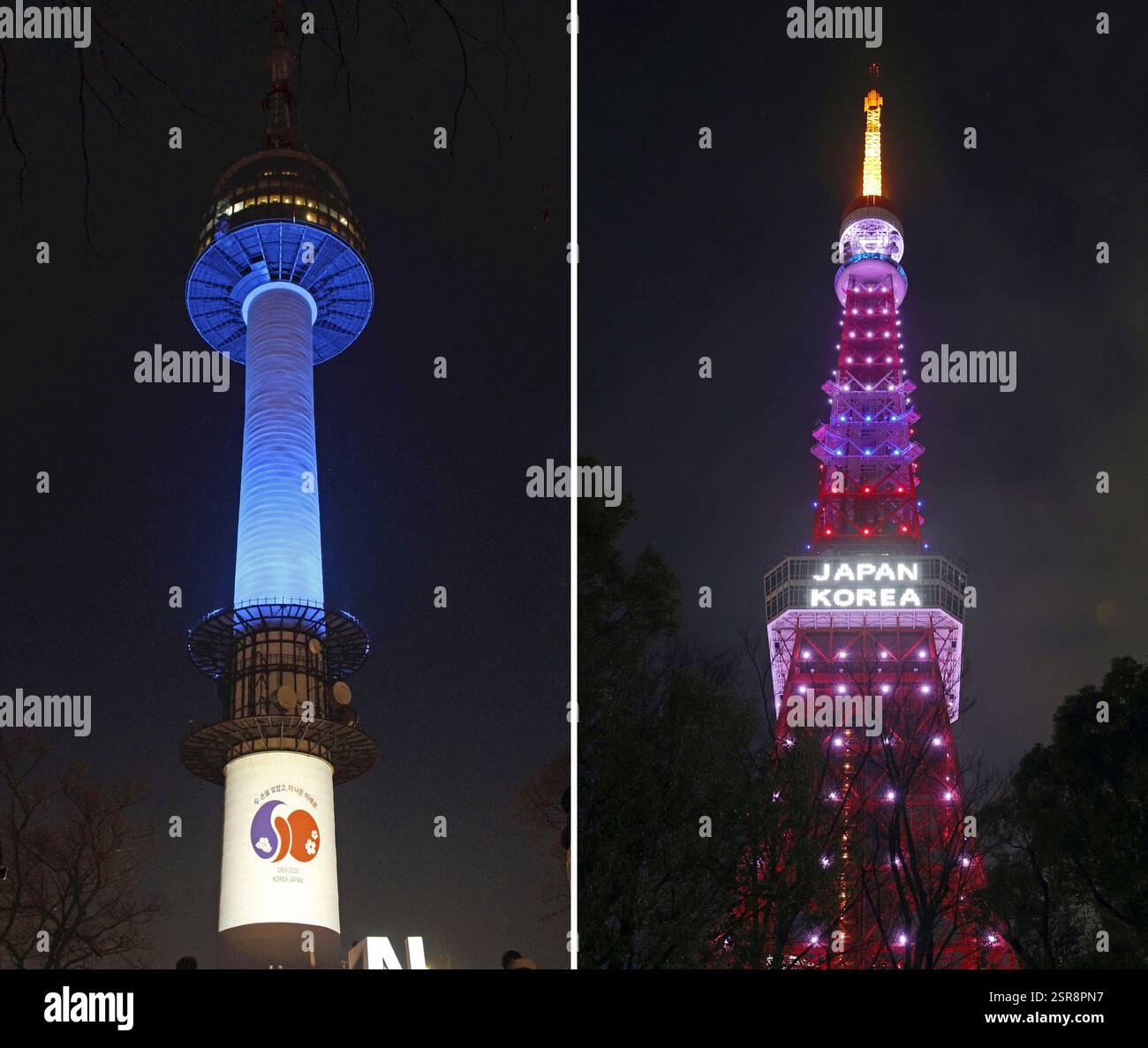 Tokyo Tower in Tokyo (L) and N Seoul Tower in Seoul are illuminated to ...