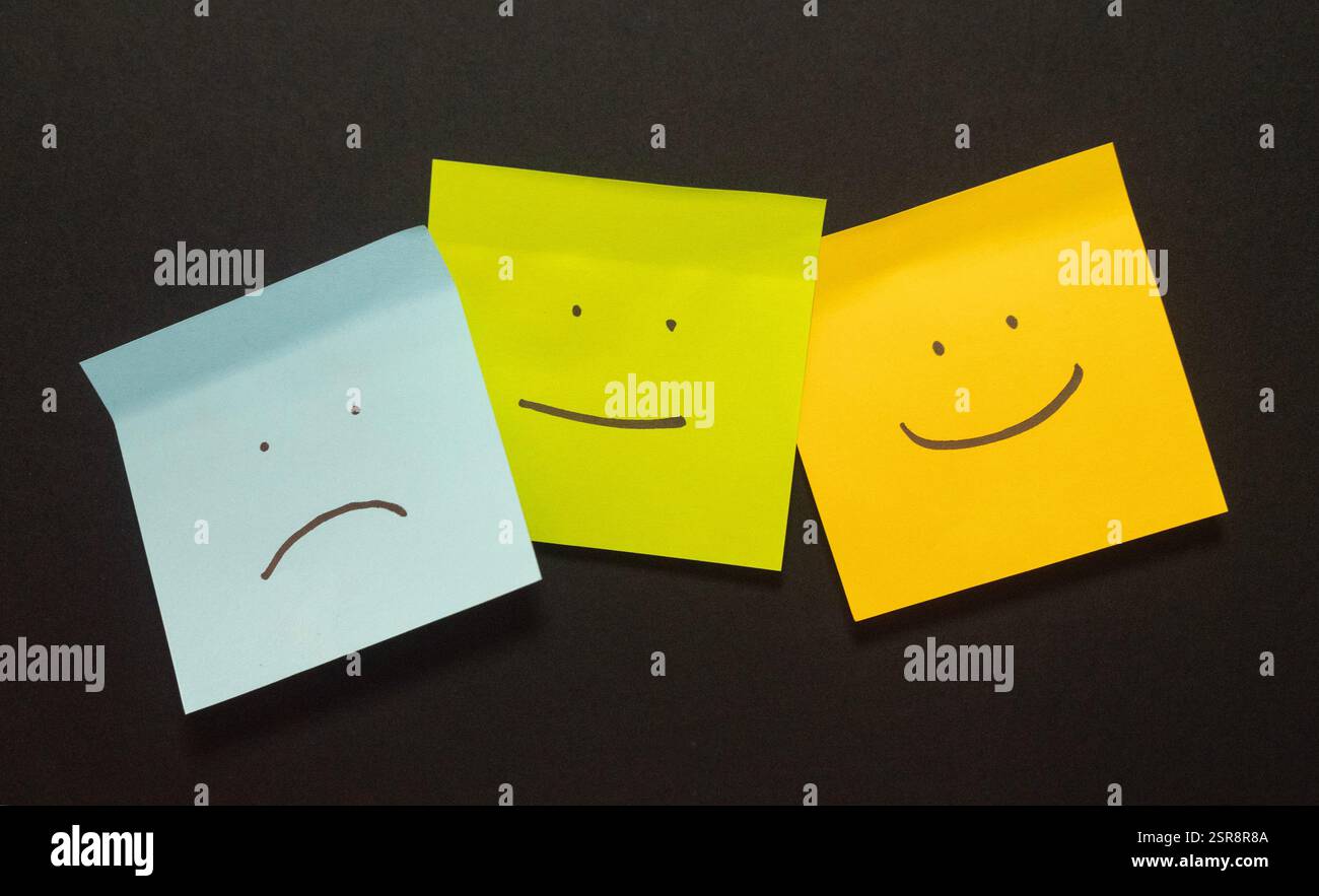 Three sticky notes display cheerful, neutral, and sad smiley faces ...