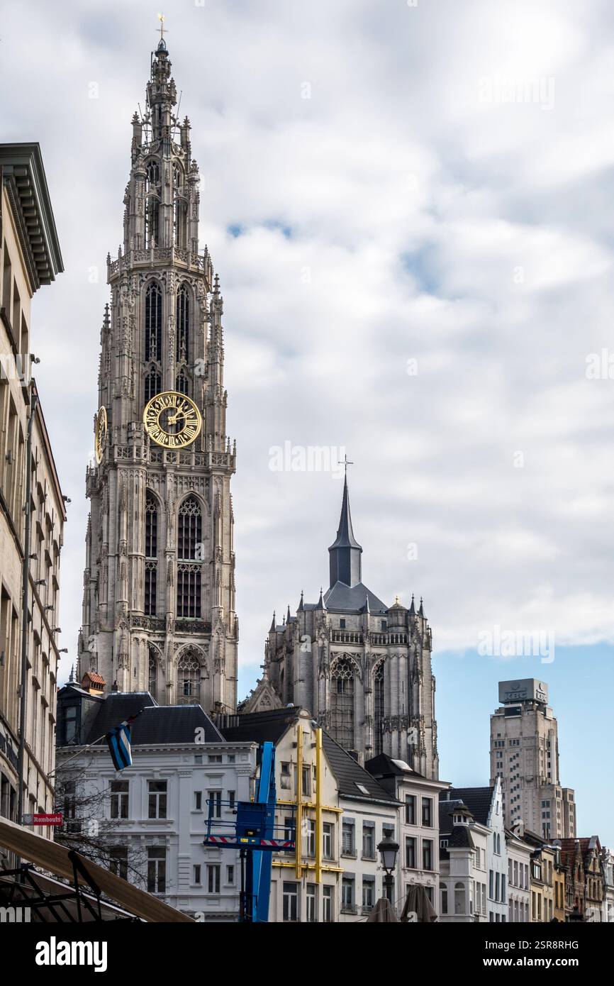 The Antwerp city skyline, with the huge cathedral tower of 1521 and the ...