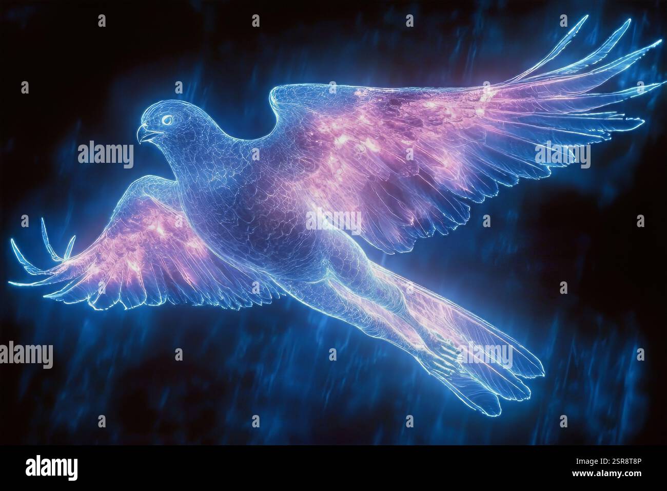 A radiant bird glides effortlessly across a vivid, glowing background ...