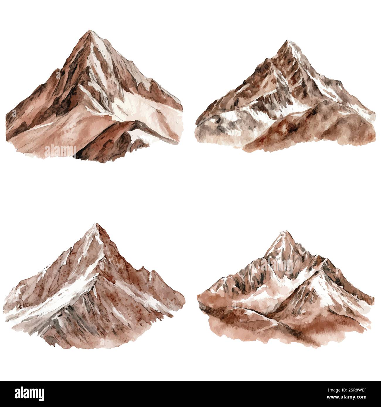 A handdrawn watercolor illustration of Mont Blanc mountain high peak ...
