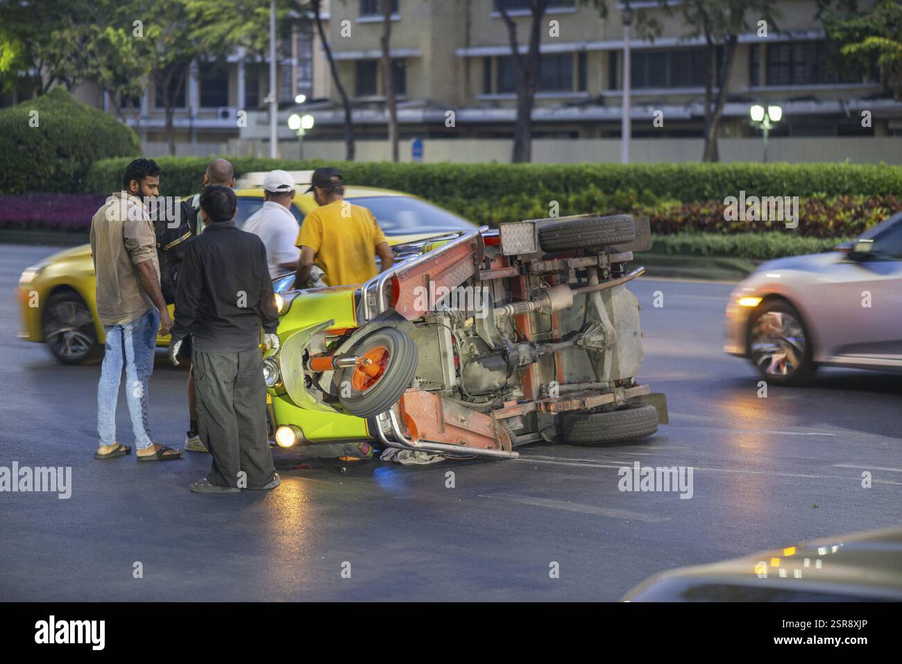 Overturned tuk-tuk, accident, road traffic accident, Bangkok, Thailand ...