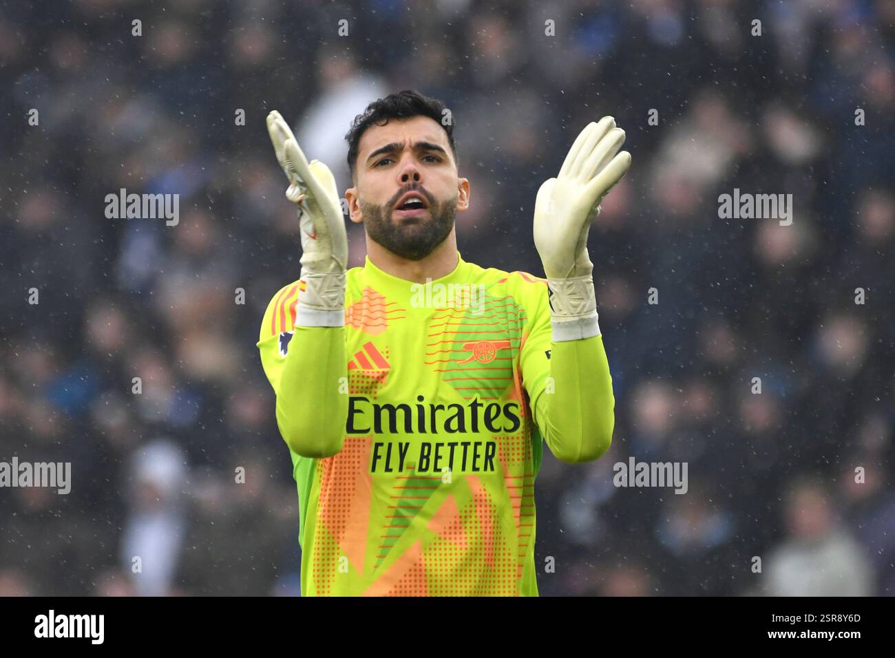 Arsenal's goalkeeper David Raya reacts during the English Premier League soccer match between ...