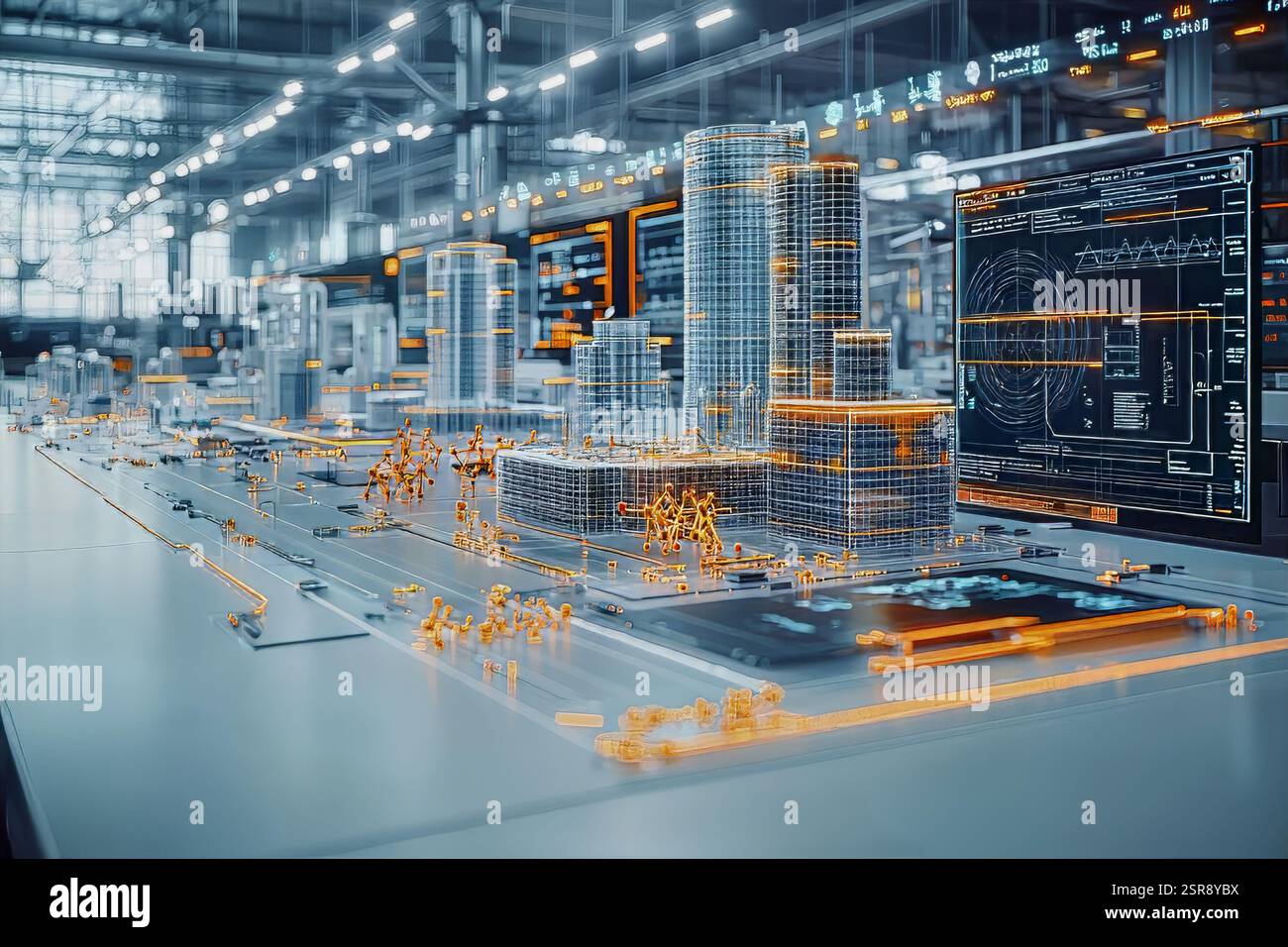 A sleek table showcases a futuristic city model, featuring innovative ...