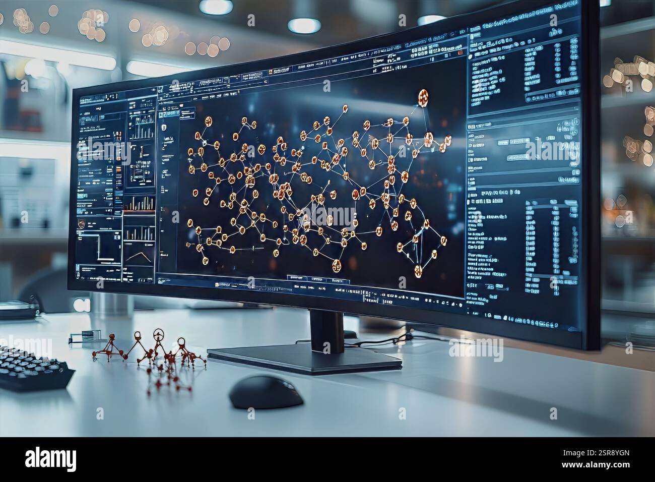 High-tech laboratory features a large computer screen displaying intricate molecular structures ...