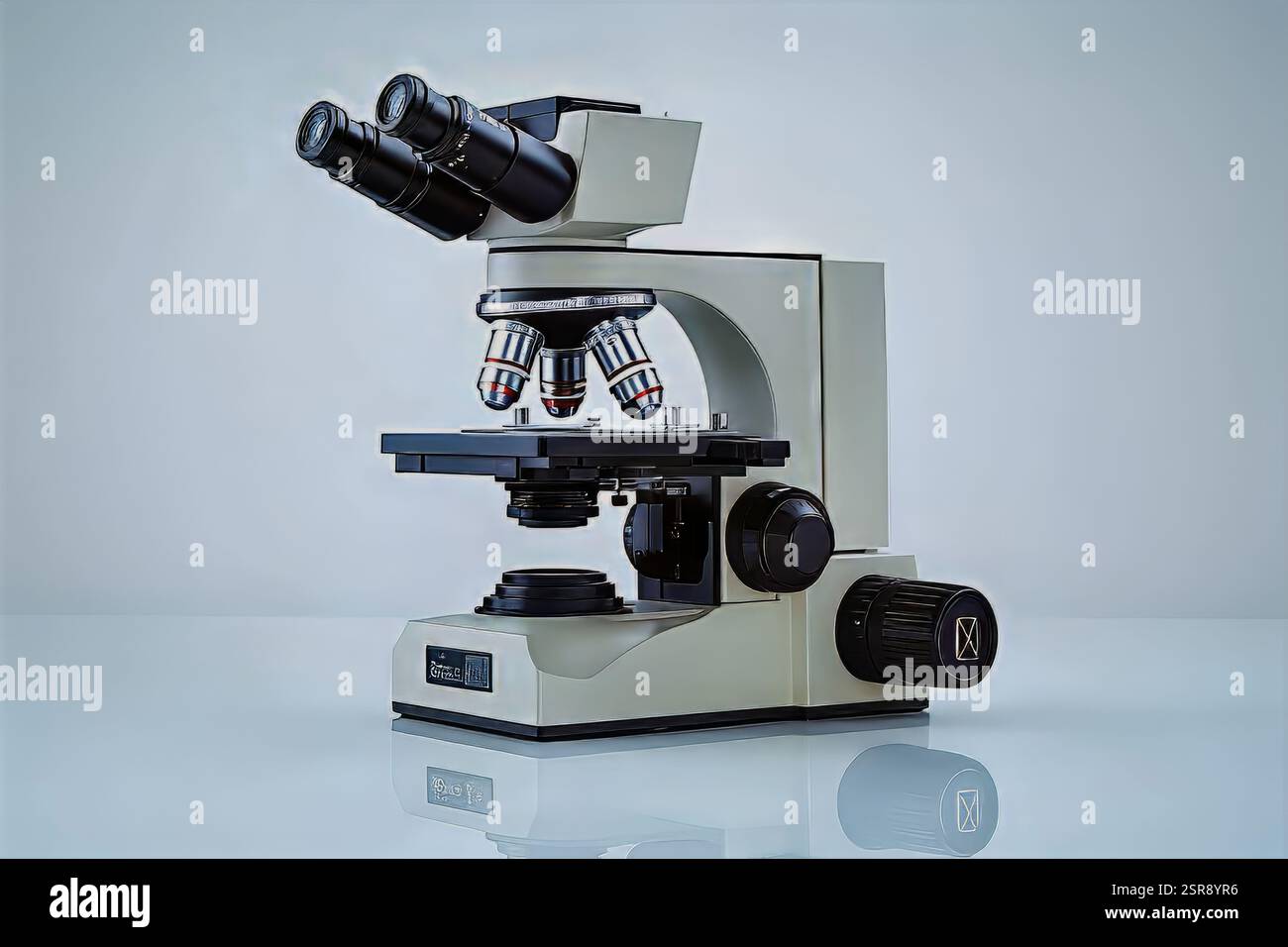 A high-quality laboratory microscope sits elegantly on a smooth surface ...