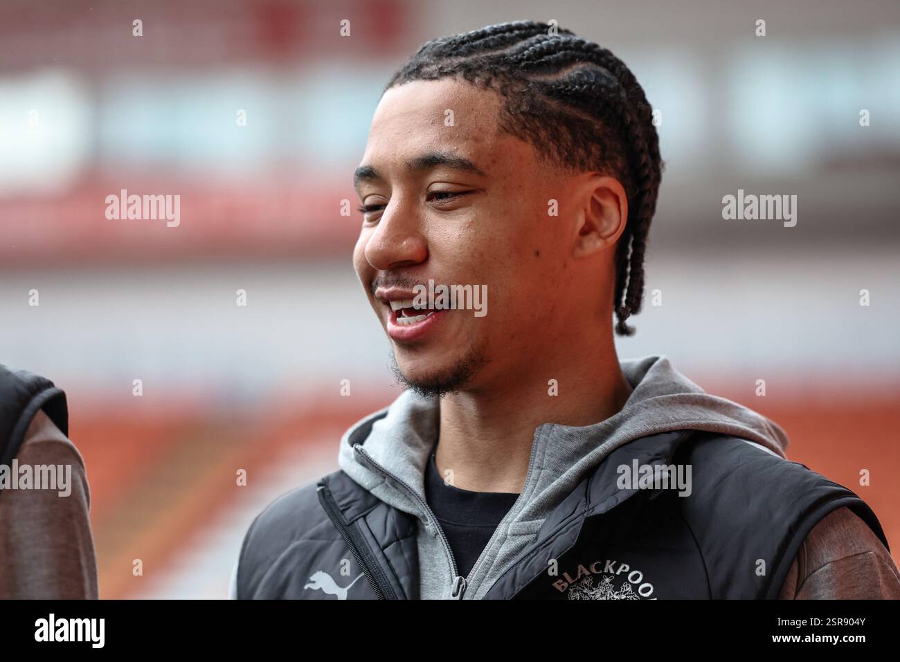 Blackpool, UK. 15th Feb, 2025. Samuel Silvera of Blackpool arrives ...