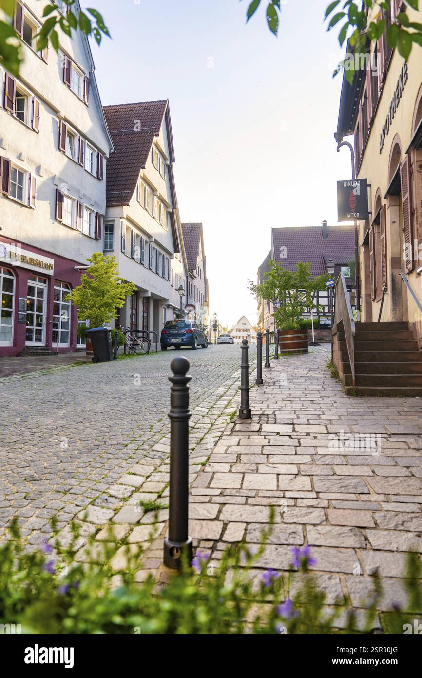 Quiet village street with cobblestones and traditional half-timbered ...