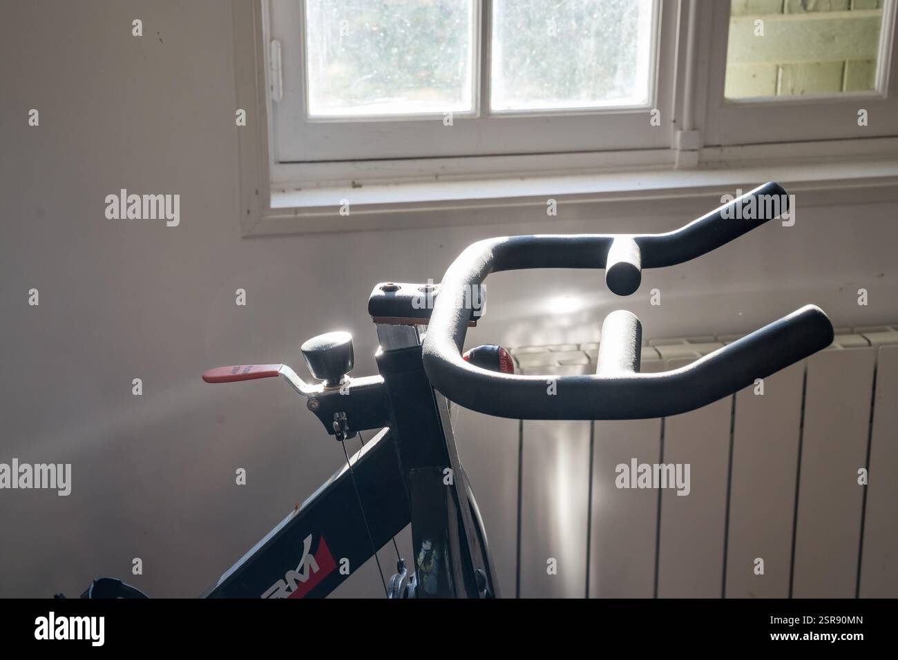 Fitness equipment waiting for the morning exercise routine in a sunlit ...