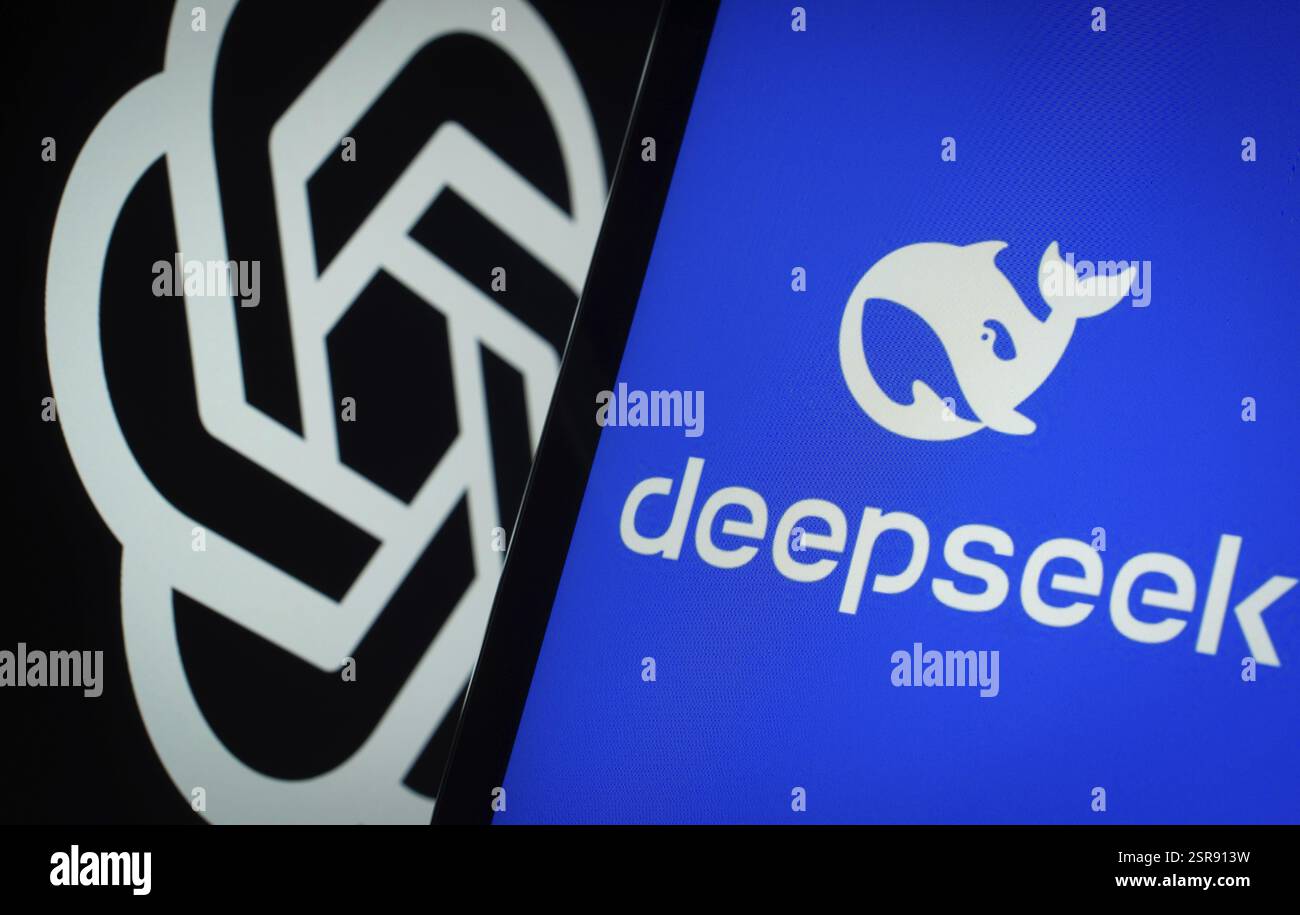 Deepseek logo is seen on iPad and OpenAI logo in the background Stock ...