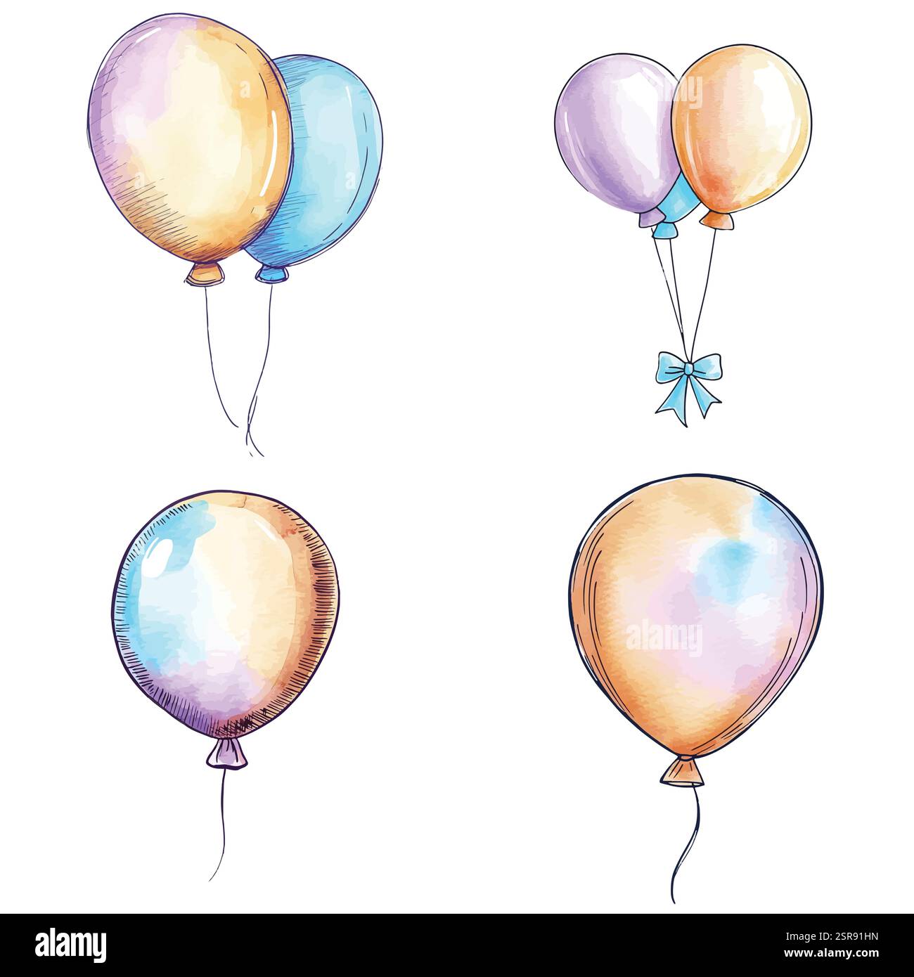 A handdrawn watercolor illustration of Birthday Watercolor Balloon Set ...