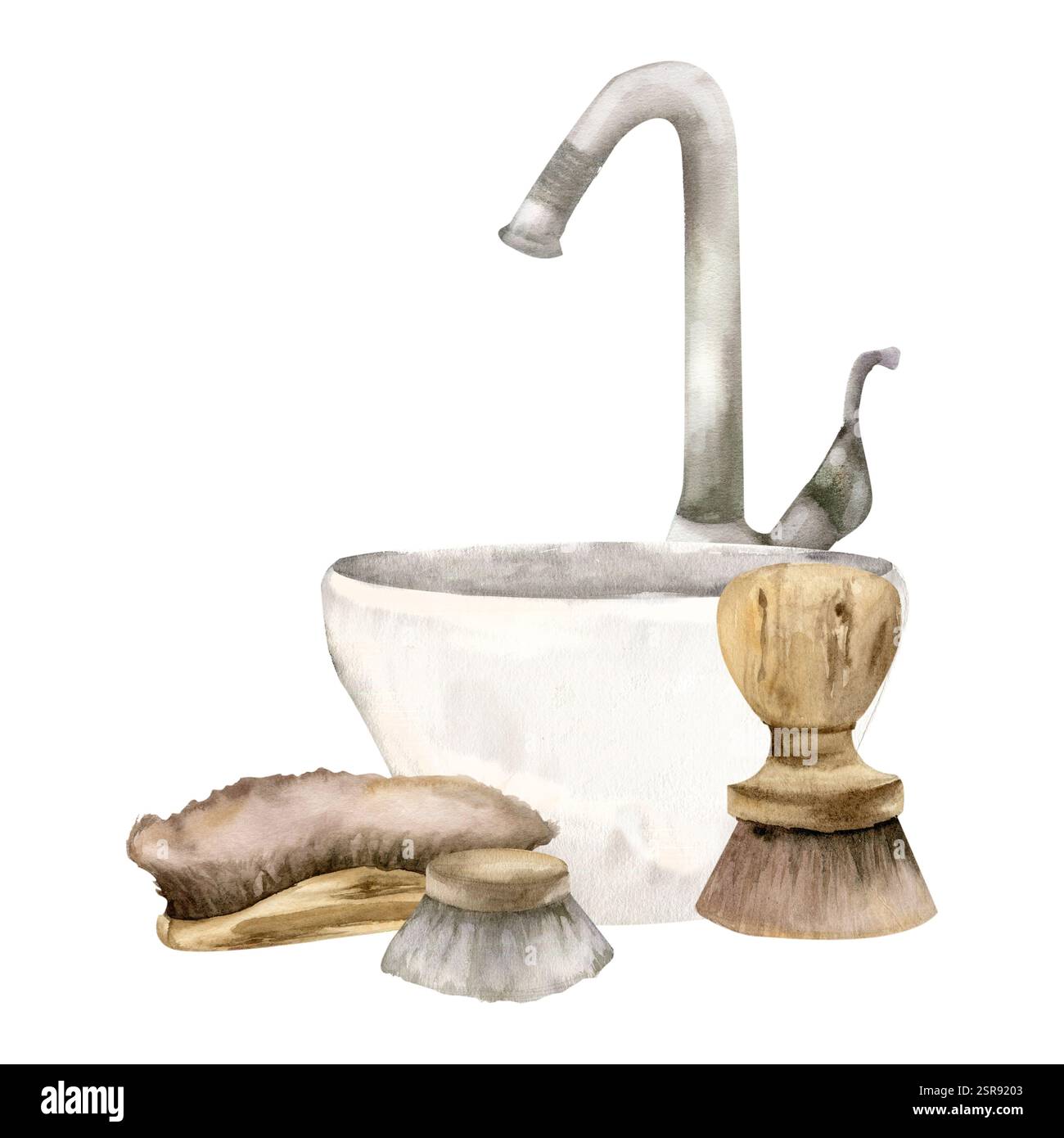 White sink with tap and zero waste wooden brushes watercolor ...