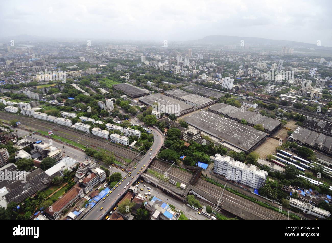 Aerial view of matunga road station with bridge and labour camp, Bombay ...