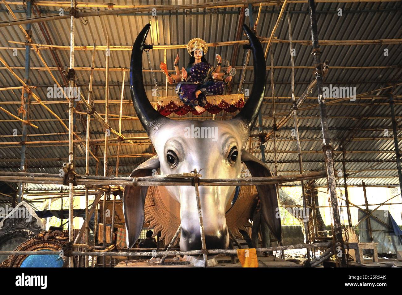 Goddess Durga sitting on cow, mumbai, maharashtra, India, Asia Stock ...