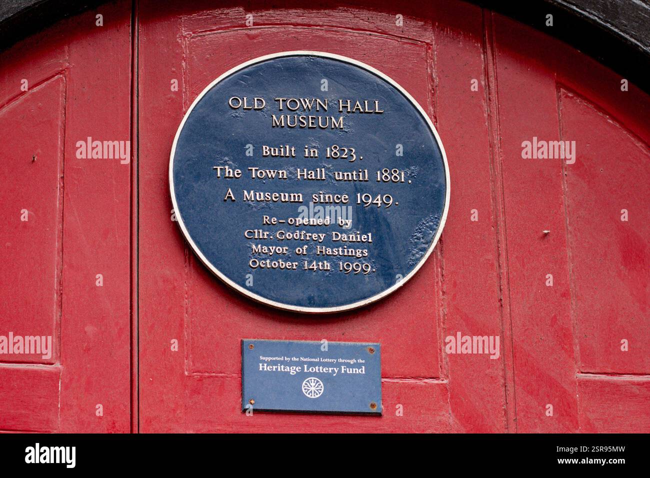 Plaque indicating Hastings Old Town Hall Museum, built 1823 and serving ...