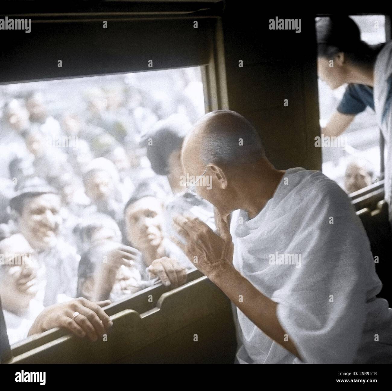 Mahatma Gandhi greeting people through train window way to Allahabad ...