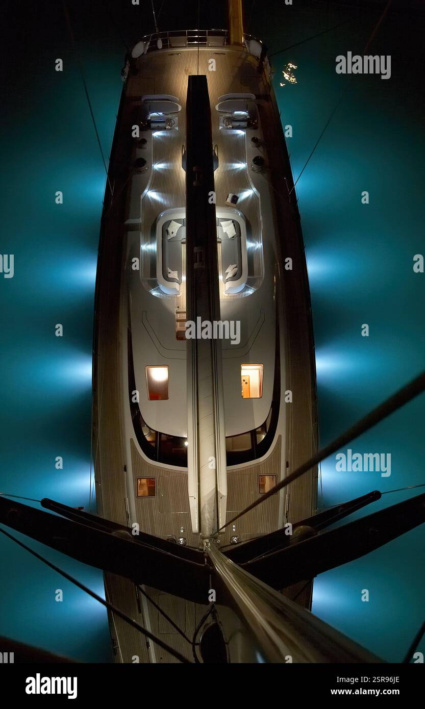 Top-Down Night View of Luxurious Sailing Yacht Y2 Illuminated on Calm ...