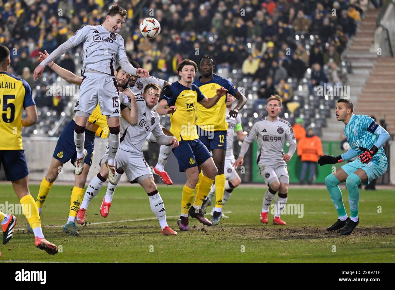 Brussel, Belgium. 13th Feb, 2025. Youri Baas (15) of Ajax pictured ...