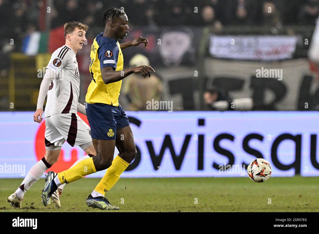 Brussel, Belgium. 13th Feb, 2025. Youri Baas (15) of Ajax pictured ...